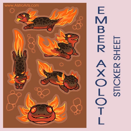 Ember Axolotl Holographic Sticker Sheet | Alstro Arts Store